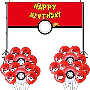 Poke Party Supplies-33pcs Poke Latex Balloons,Poke Foil Balloons and Poke Backdrop for Poke Birthday Party Decorations