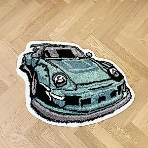 Enthusiast Green Sports Car Shaped Flocking Rug Irregular Geometric Carpet Bed Side Anti Slip Floor Pad Doormat Aesthetic Home (31.5 X24 Inch)