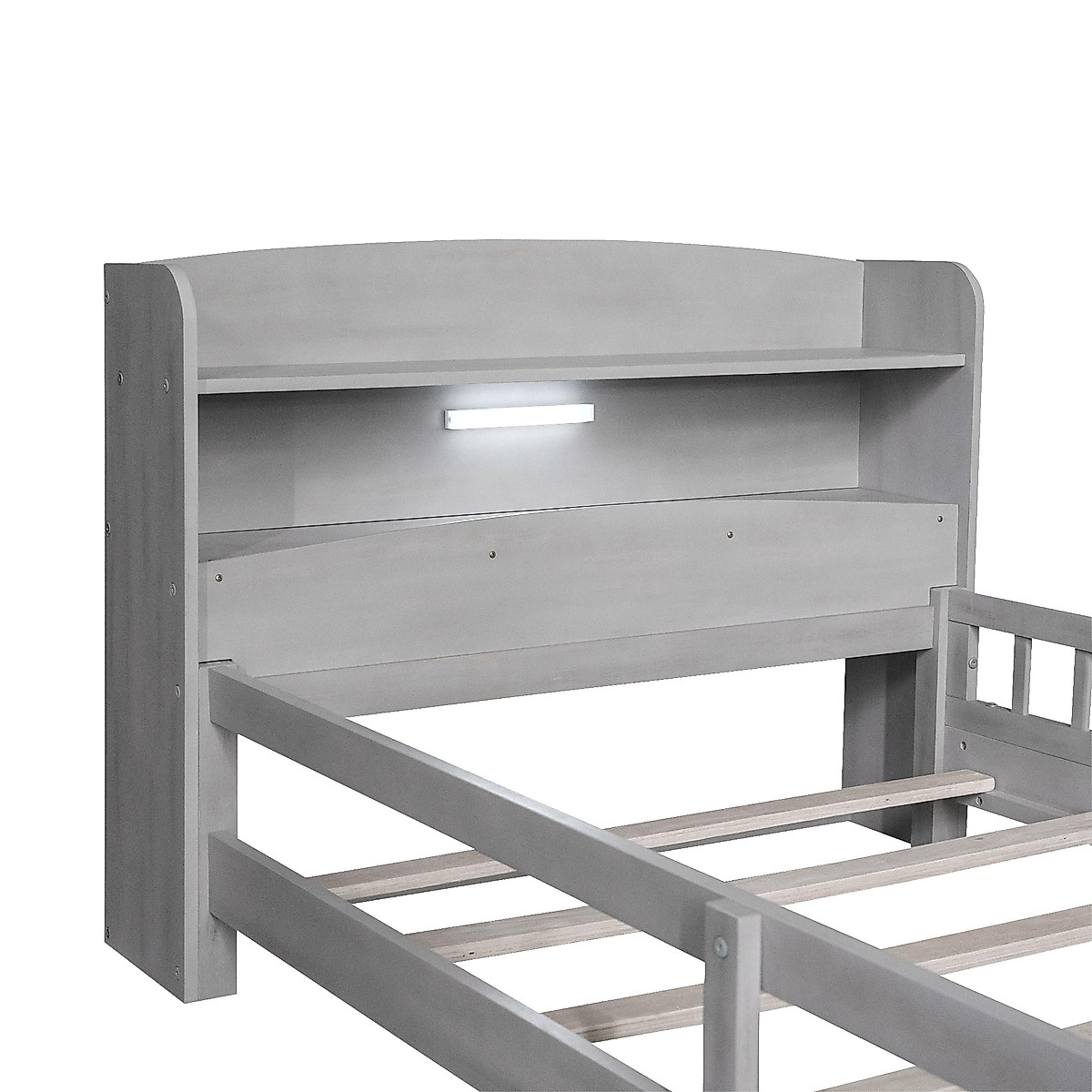 SOFTSEA Twin Size Platform Bed with Storage Headboard and LED Light, Wood Bed Frame with Fence Guardrails for Kids, Kids Twin Bed Frame, No Box Spring Needed, Gray