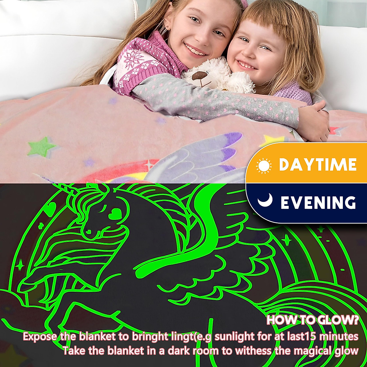 Unicorn Glow in The Dark Blanket for Girls Kids Soft Luminous Pink Unicorn Throw Blanket Birthday Gift for Age 1-15 Year Old Girls Room Decor Gift 50"x60"
