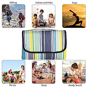 GUSUWU Picnic Blanket Waterproof Beach Rug 79''x79'' Picnic Mat Washable Lightweight with Handle Blue Vertical Stripes Suitable for Hiking Travel Outdoor Camping, Park