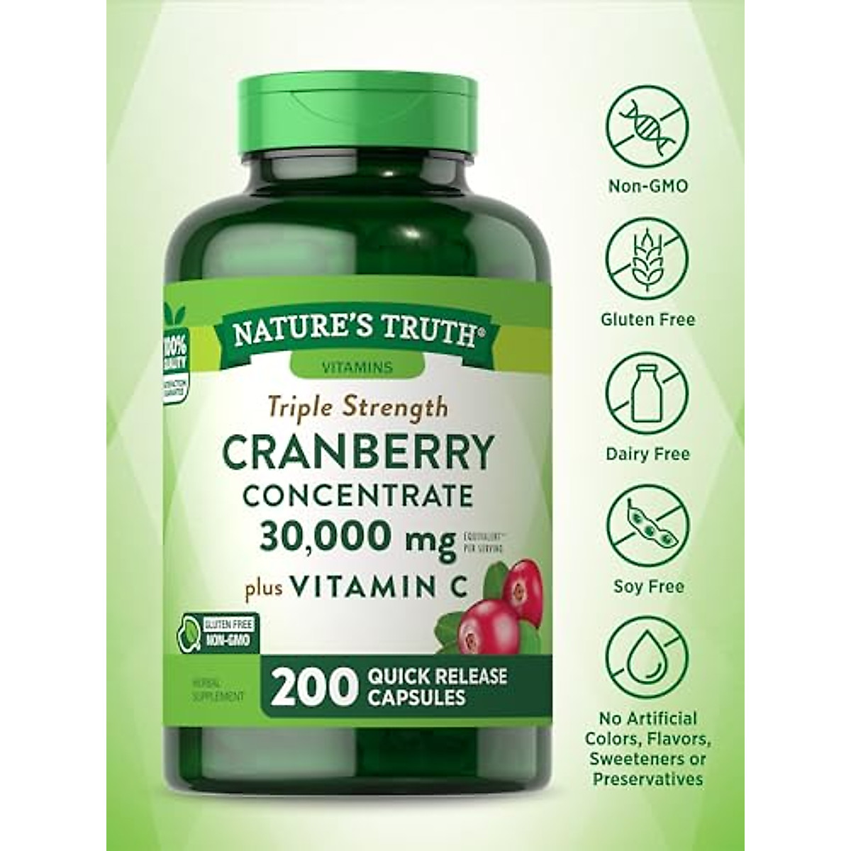 Cranberry Concentrate Plus Vitamin C | 30,000mg | 200 Quick Release Capsules | Non-GMO & Gluten Free Supplement | by Nature's Truth