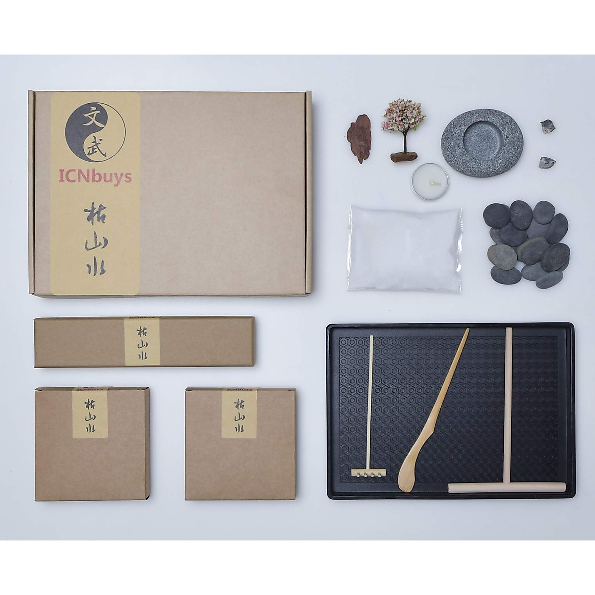 ICNBUYS Handmade Zen Garden Pebbles Candle Holder Set with Zen Garden Tools, Sand, Base Tray and Free Accessories