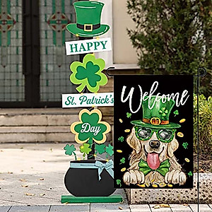 CROWNED BEAUTY St Patricks Day Dog Garden Flag Golden Retriever 12x18 Inch Double Sided for Outside Small Burlap Shamrocks Clovers Green Hat Gold Welcome Yard Holiday Decoration CF728-12