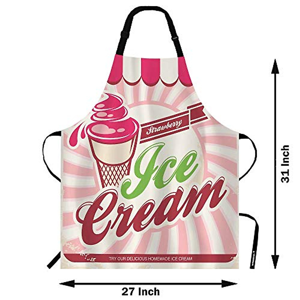 WONDERTIFY Ice Cream Apron,Vintage Background Ribbon with Delicious Homemade Dessert Strawberry Bib Apron with Adjustable Neck for Men Women,Suitable for Home Kitchen Cooking Waitress Chef Apron