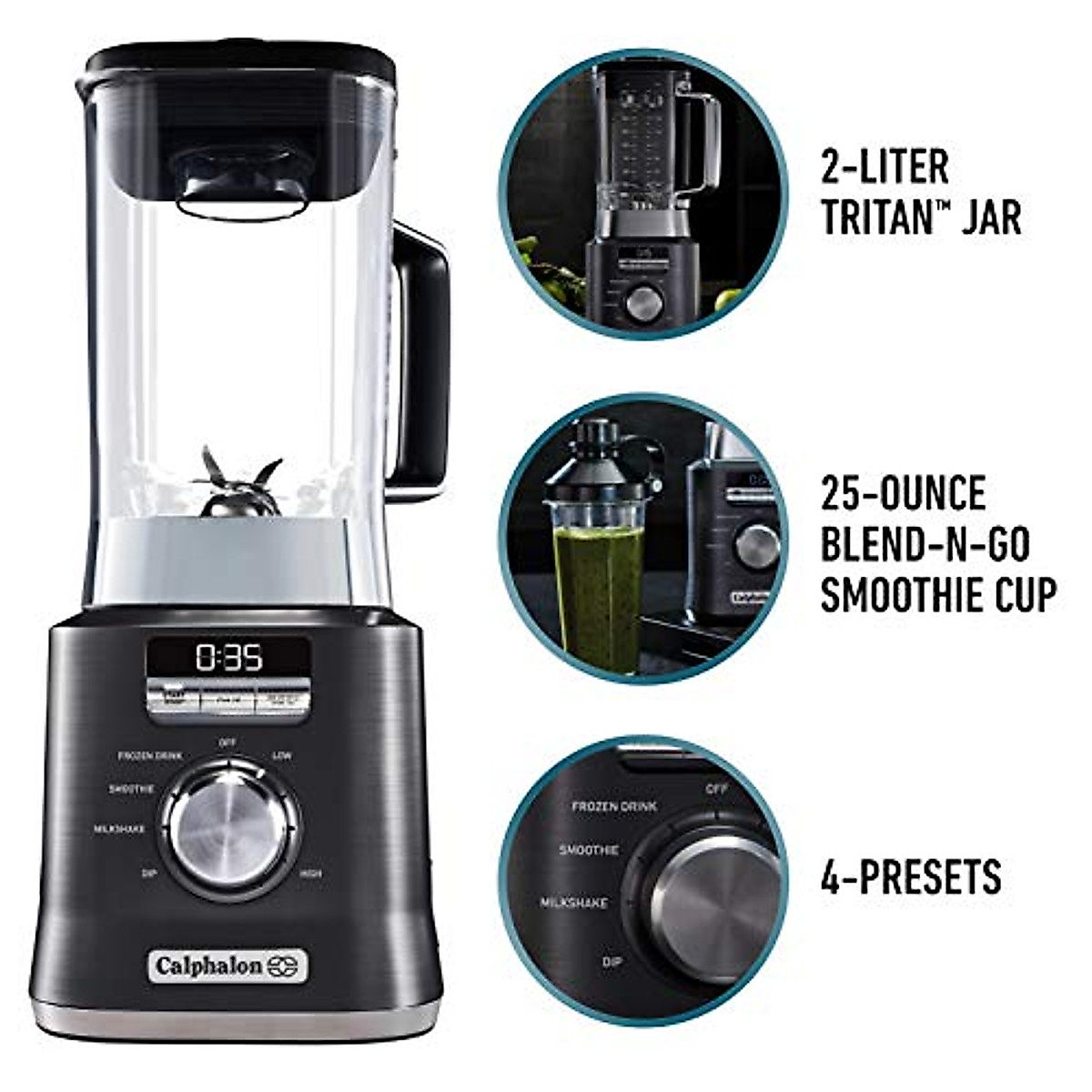 Calphalon Auto-Speed 68 Oz Blender with Blend-N-Go Smoothie Cup and BPA-free Tritan Jar | 1100-Watt Base, Dark Stainless Steel