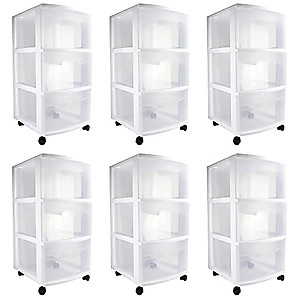 Sterilite 28308002 Home Stackable 3 Drawer Wide Plastic Storage Organizer Container with Drawers and Rolling Wheels, White (Set of 6)
