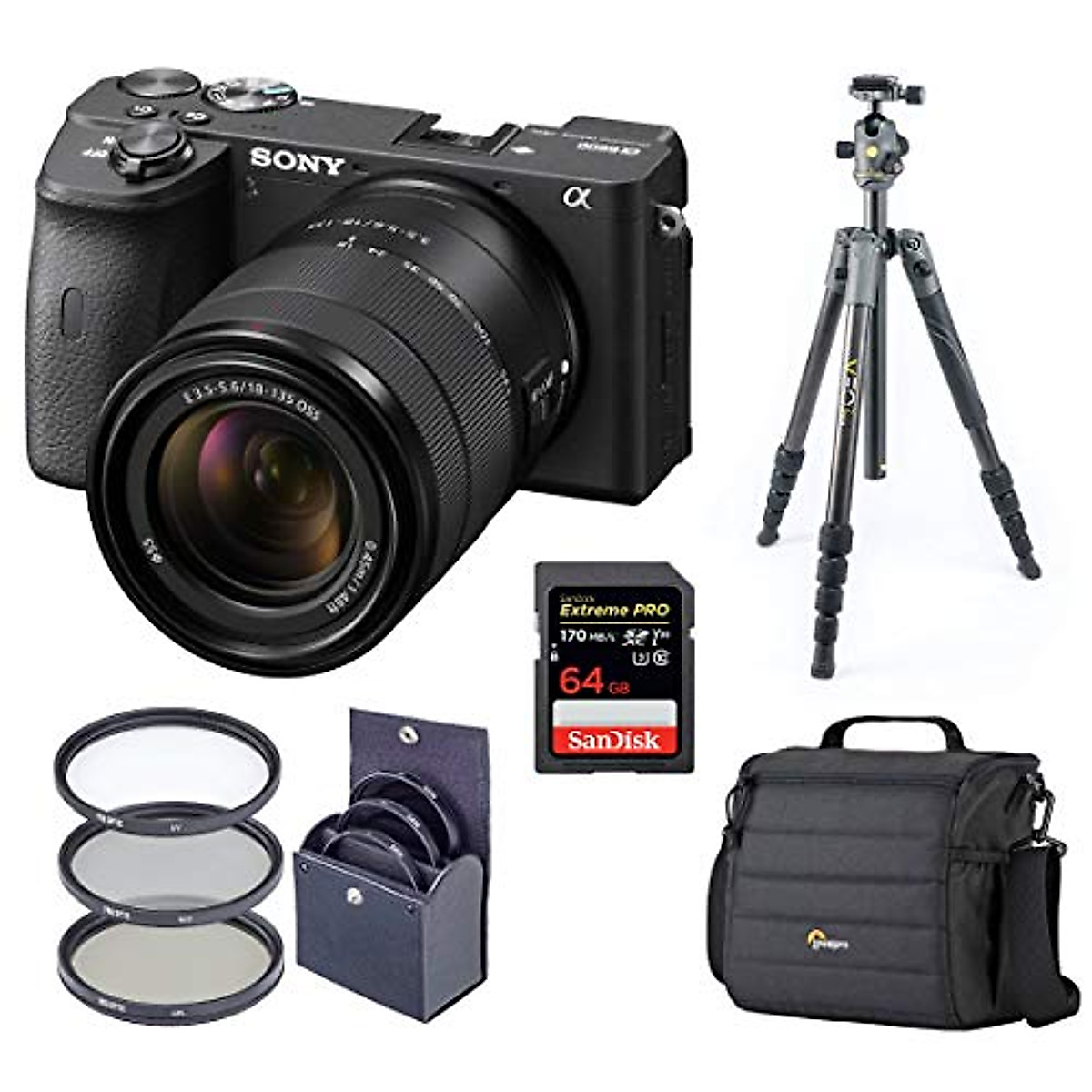 Sony Alpha a6600 Mirrorless Digital Camera with 18-135mm Lens Tripod Bundle with Vanguard Carbon Fiber Tripod, Bag, 64GB SD Card, Filter Kit