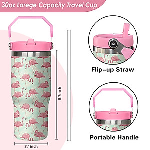 30 oz Flamingo Tumbler with Handle, Large Insulated Tumbler with Flip & Straw Coffee Mug Cup Stainless Steel Gifts for Women Men Youth