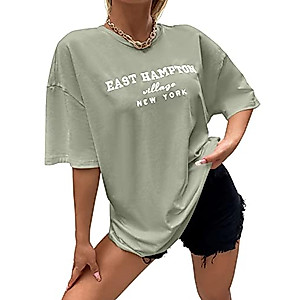 Lauweion Women Drop Shoulder East Hampton Letter T-Shirt Oversized Graphic Baggy Trendy Tee Shirt Top Green