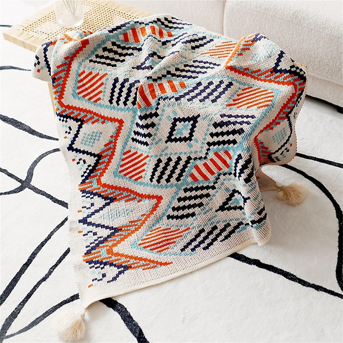 BTFYaHe Boho Chic Knitted Wool Blanket - Versatile Couch and Camping Blanket, Perfect for Fall - Thick Mexican Bohemian Throw-50X60 Inch