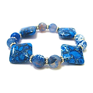 Linpeng Women Stretch Bracelet/Length 7.5" Stone Bead Size Around 1" / Red & Blue / 2 Pcs Set Pouch