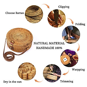 Round Rattan Bag for Women Straw Bag Handwoven Beach Bohemian Shoulder Purse by Enmain