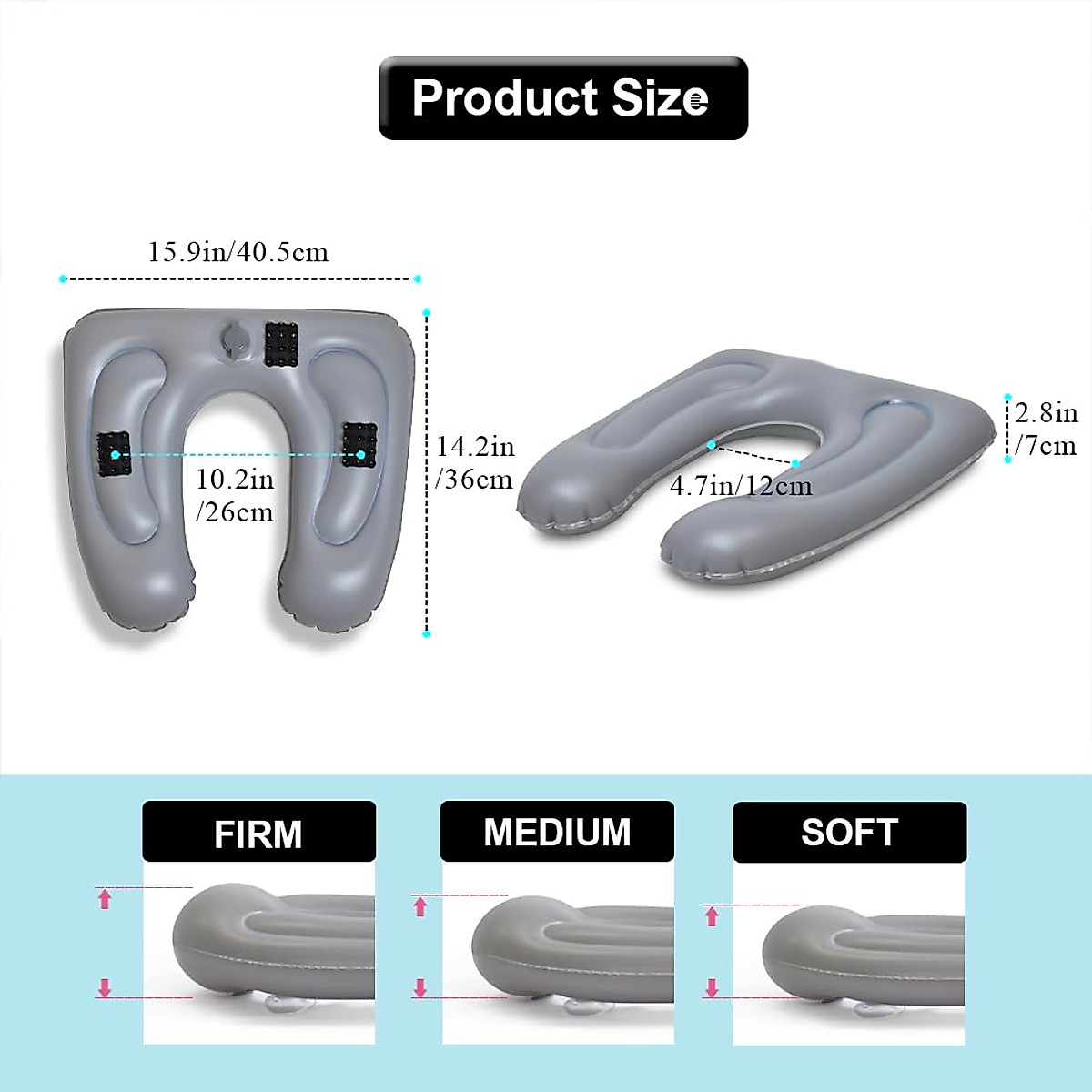 Nevife Raised Donut Pillow,Inflatable Toilet Seat Cushion,Height Adjustable Toilet Seat, PVC Commode Support Cushion for Adults,Seniors,Elderly, Disabled,Tailbone Pain Relief (Grey)