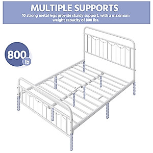 Yaheetech Queen Size Metal Bed Frame with Vintage Headboard and Footboard, Farmhouse Metal Platform Bed, Heavy Duty Steel Slat Support, Ample Under-Bed Storage, No Box Spring Needed, White