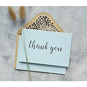 Thank You Cards - Blank 50 Pack Baby Blue Matte Finish Cards with Silver Foiled "Thank You" Printed with 52 Confetti Design Kraft Envelopes 4" x 6" - for Bridal Shower Baby Shower Birthday Party