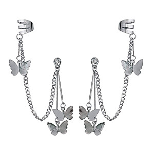 INENIMARTJ Butterfly Cuff Chain Earrings for Women, Tassel Ear Cuffs, 40mm Stud Earrings, Nickel-Free Alloy, Corrosion-Resistant, Lightweight
