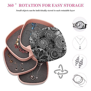 Islam, Arabic, Indian, Ottoman Motifs Tribal Mandala Floral Flower Women Jewelry Box with Mirror, 360 Degree Rotating 4-layer Tray with Lid, Storage Bag Case for Rings, Necklaces, Bracelets