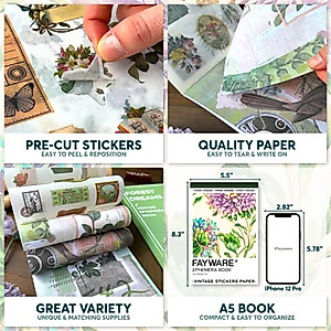 FAYWARE Washi Vintage Stickers for Scrapbooking - Ephemera Sticker Book for Journaling with 453 Botanical Stickers and 20 Scrapbook Papers. Ephemera for Junk Journals, Journaling Supplies for Adults