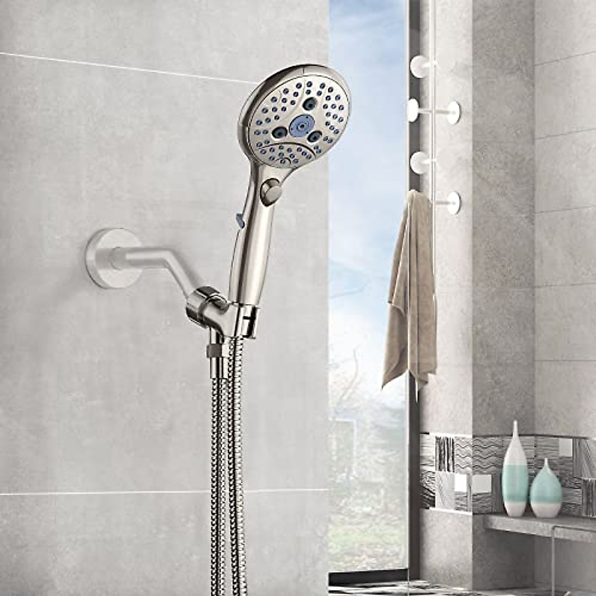 SunCleanse Shower Head, 7 Settings Hand held Shower with ON/OFF Pause Switch, Brushed Nickel High Pressure Shower Head with 71 inch Hose