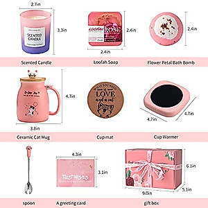 Coffee Mug Beverage Warmer Relaxing Spa Gift Box Set Happy Birthday for Women- Ceramic Cat Coffee Cup, Bath Bomb, Scented Candle,Soap,Best Gift for Her Best Friend Sister Daughter Mom Valentines Day