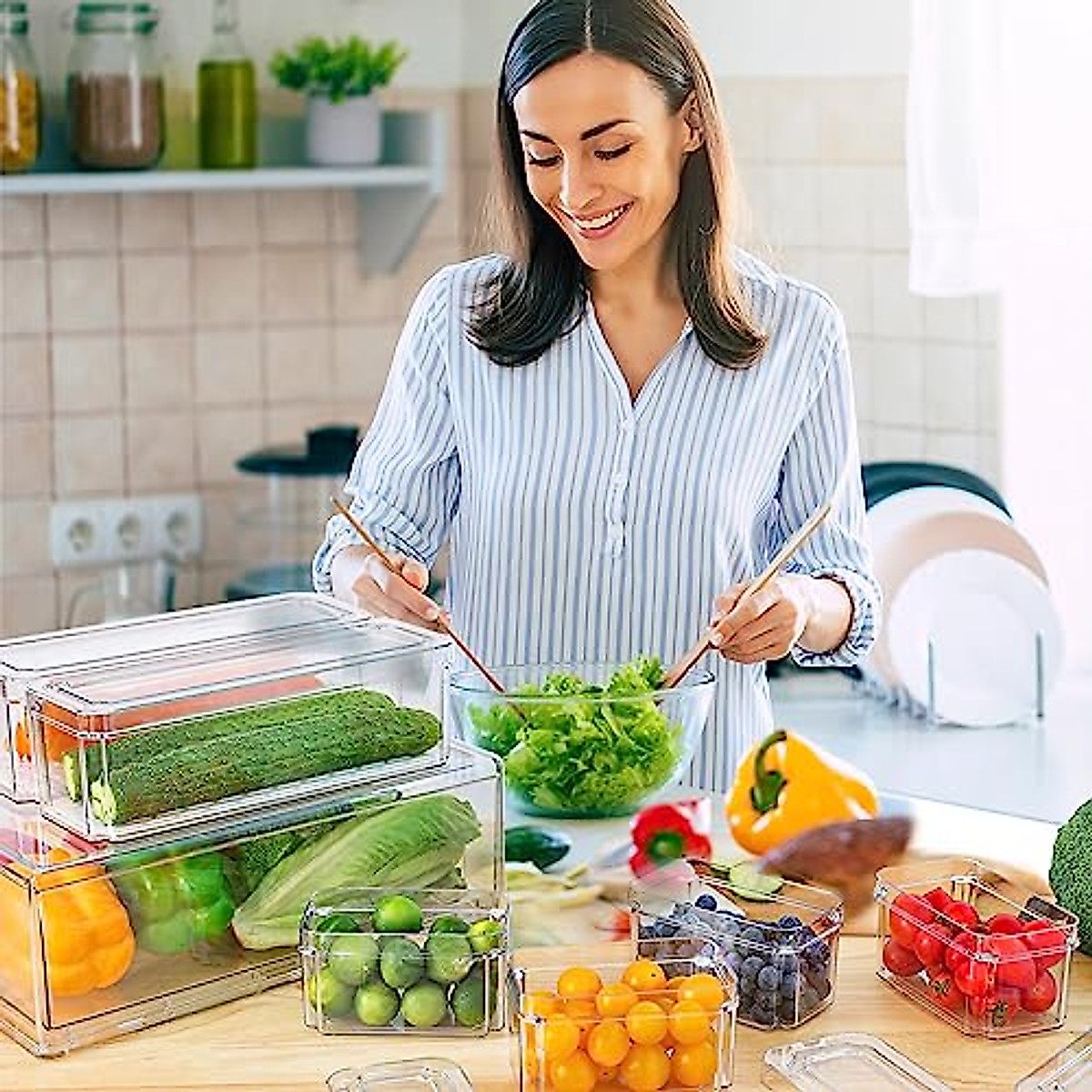 Moretoes 7pcs Rrifgerator Organizer Bins and Drawer Set, Clear Fridge Organization Box with Lids Stackable Fridge Drawer BPA-Free for Food Fruit Vegetable Drinks Kitchen