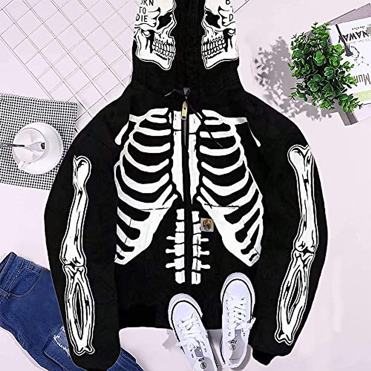 NUFR Skeleton Zip Up Hoodie Skeleton Jacket Black Oversized Streetwear Pullover Sweatshirt for Men, XX-Large