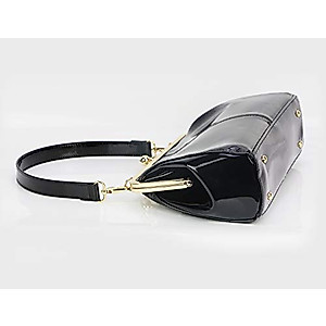 Vintage Kiss Lock Handbags Shiny Patent Leather Evening Shoulder Tote Bags with Chain Strap (Black)
