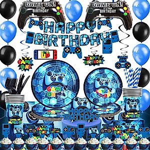 Blue Video Game Party Supplies - 212Pcs Gamer Gaming Party Decoration For Boys Birthday Party - Table Cover, Plates, Cups, Napkins, Utensils, Hanging Swirls, Birthday Banner, Cupcake, Topper Cake Topper & Balloons Serves 16 Guests