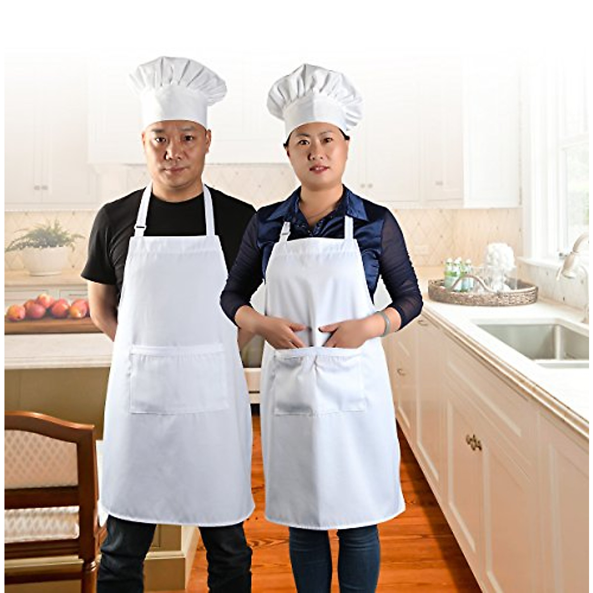 yotache Chef Apron Set, Chef Hat and Kitchen Apron Adult Adjustable White Apron Baker Costume for Men and Women, 1 Set (33" L x 26" W)
