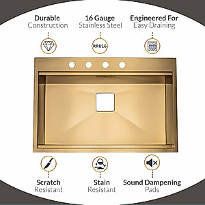 Strictly Sinks 33” Topmount Kitchen Workstation Sink Gold Single Bowl 16 Gauge Stainless Steel Drop In Sink With Scratch, Stain Resistant Colander, Cutting Board, Bottom Grid & Square Disposal Adapter