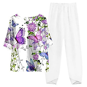 SKDOGDT Causla Two Piece Outfits For Women Dressy Lounge Linen Sets Summer Wide Leg Pants And Top Plus Size Matching Sets