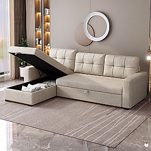 Acosure 81.5" L-Shape Pull Out Couch with Reversible Storage Chaise,Sleeper Sectional Sofa with Pullout Bed and 3 Removable Back Cushions,for Living Room,Office,Beige