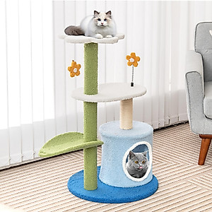 Tangkula Cute Cat Tree, Flower Cat Tower with Sisal Scratching Post, Plush Leaf-Shaped Perch, Roomy Condo, Fluffy Spring Ball & Jingling Ball, Small Cat Tree for Indoor Cats 20 lbs Heavy Duty