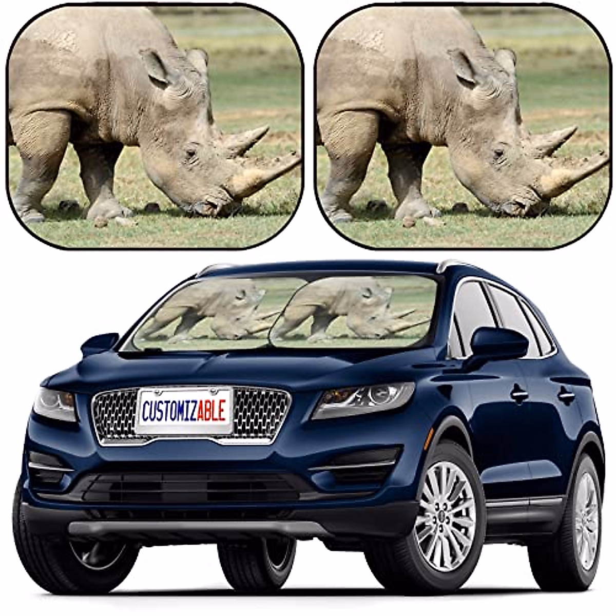 Maizi Sun Cover for Car Windshield 2pcs Universal Fit Sun Covers for Car Windshield Fits Most Wagon, Small Car, Pickup Truck, Van Image ID: African White Rhino Lake Nakur American-Made Product