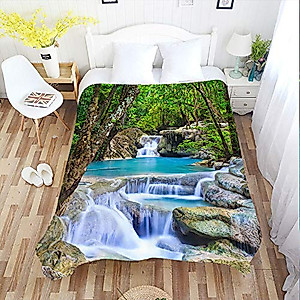 Beabes Waterfall Throw Blanket Deep Forest Green Trees Waterfall Flowing River Spring Nature Scene Cosy Throw Blanket Flannel Fleece for Bedroom Sofa Couch Car Deck Chair 60x80 Inch