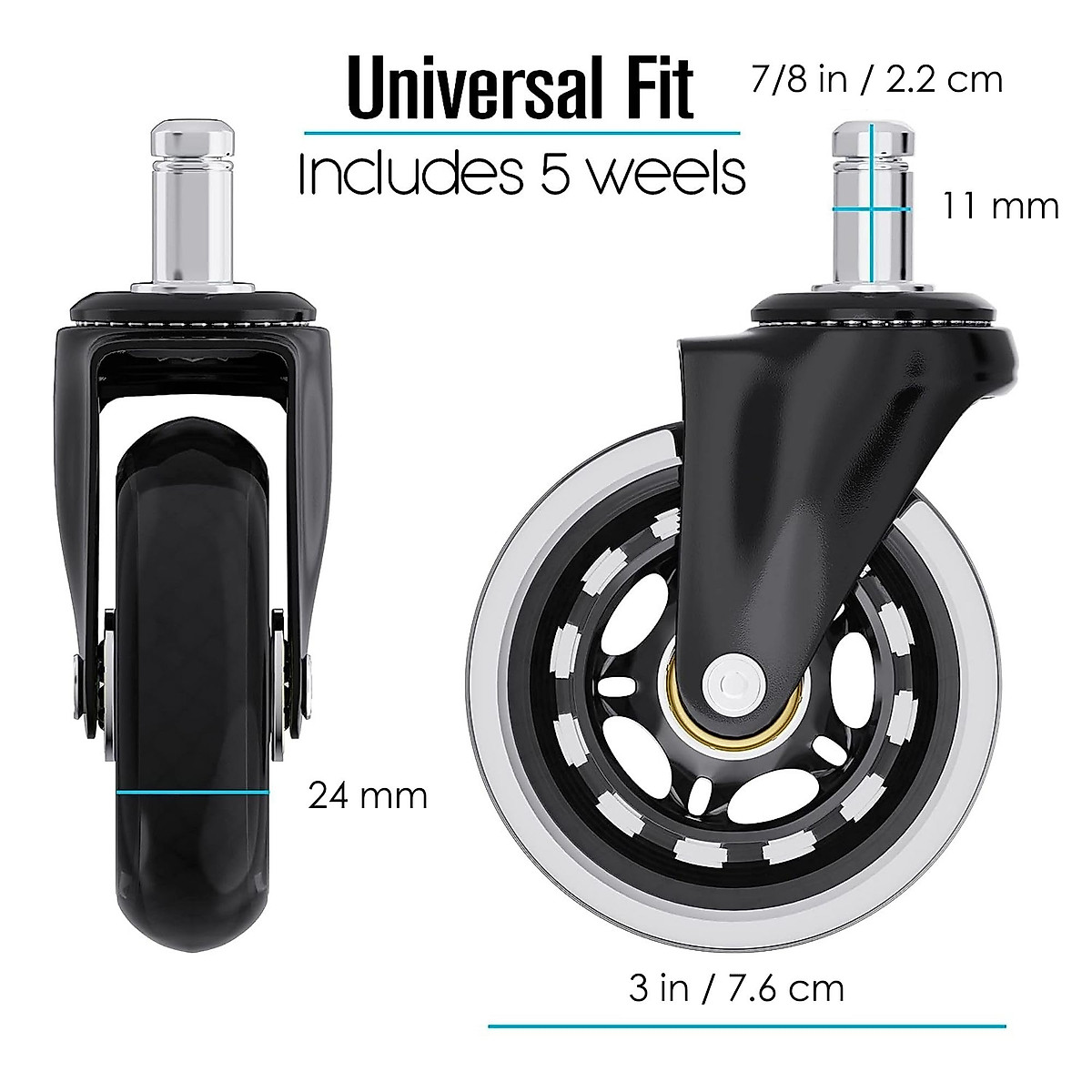 Houseables Office Chair Wheels, Rollerblade Casters, Roller Blade Wheel, 5 Pk, 3”, Rubber, Polyurethane, Rolling Chairs, Furniture Replacement Accessories, for Gaming, Desk, Hardwood Floors, Carpet