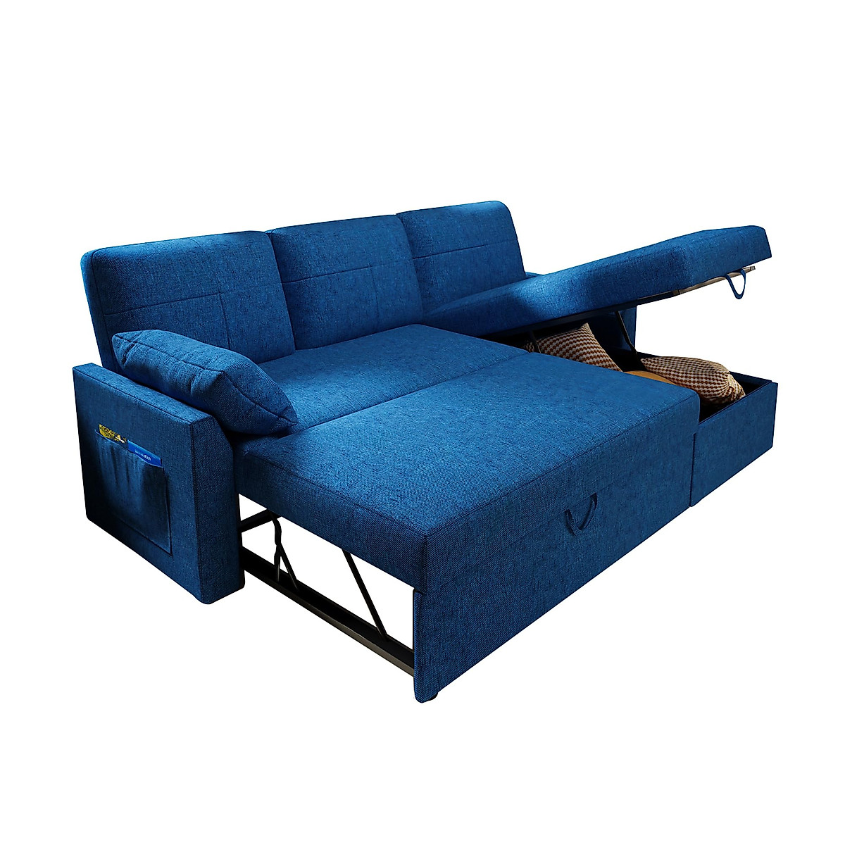 VanAcc Sofa Bed, Sleeper Sofa with Storage Chaise- 2 in 1 Pull Out Couch Sofa for Home Office, Living Room, Comfy Sofa Sleeper, Blue Linen Couch