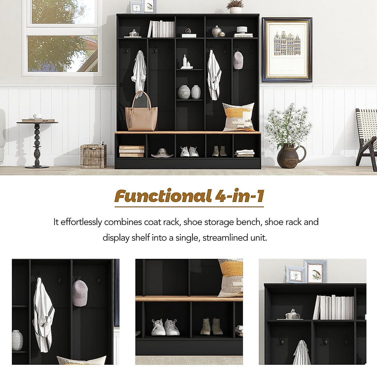 67" W Hall Tree with Shoe Storage Bench, Minimalist Entryway Bench with Coat Rack, Cube Storage and Shelves, Multifunctional Mudroom Bench with Storage and 8 Hooks for Entryway, Hallway (Black)