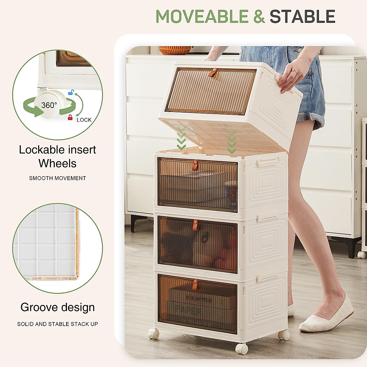 Aidoly 4-Tier Stackable Plastic Storage Bins with Lids, 23QT Foldable with Magnetic Doors and Lockable Wheels, Portable Collapsible Closet Organizer Boxes for Living Room, Bedroom, Dorm, Home Office