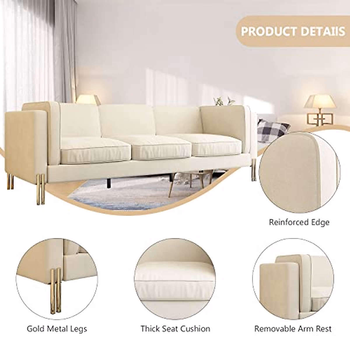Hommoo 94" W 3 Seat Couch Mid Century Velvet Sofa with Metal Gold Legs Chesterfield with Removable Cushion Comfortable Sofa Couch for Small Apartment Living Room Bedroom Beige