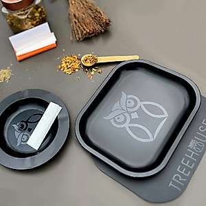 Black Treehouse Rolling Tray Set with PVC Soft Magnetic Lid, Ashtray Included for Home Storage or Travel - 7" x 5.5", Small, Cute