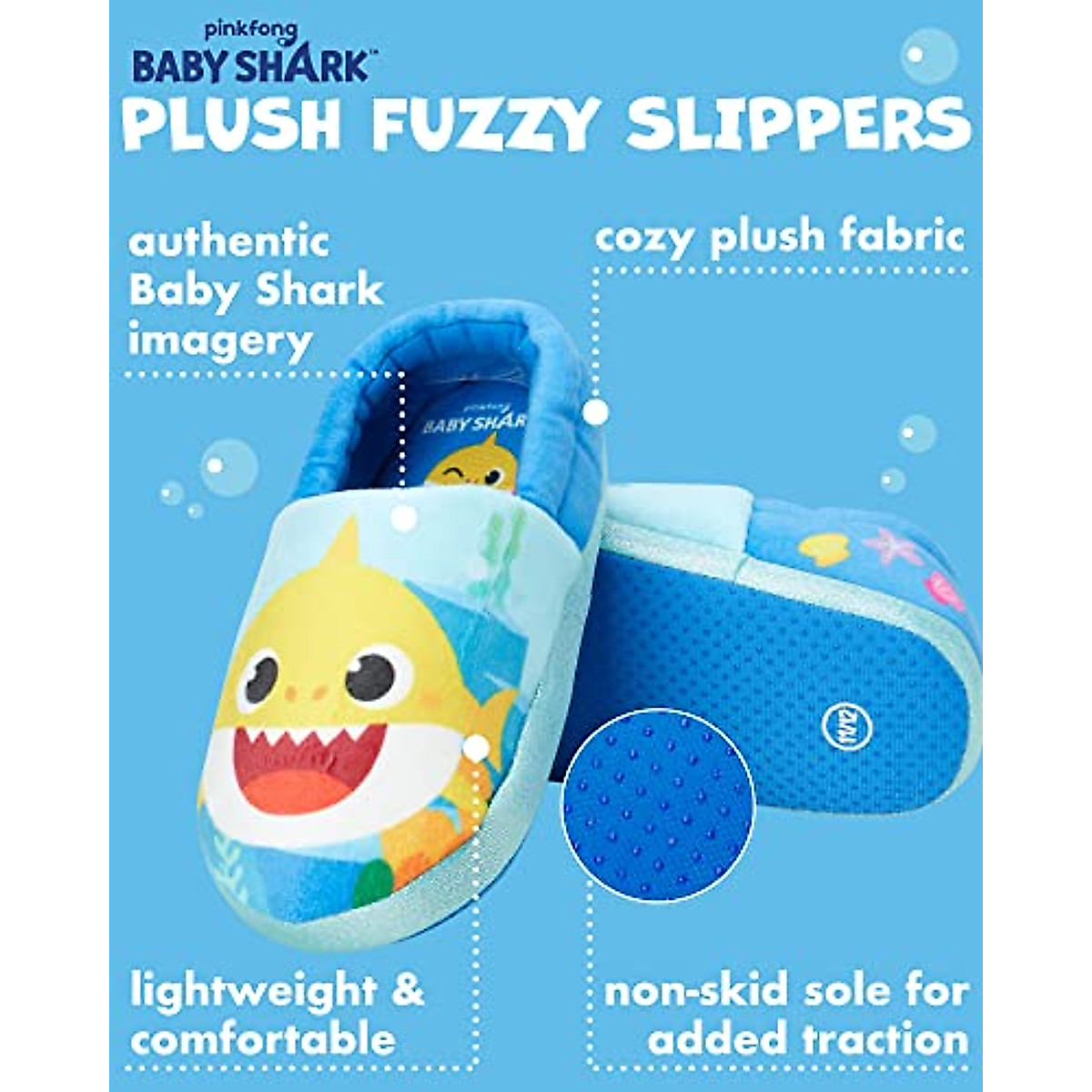 Nickelodeon Plush Fuzzy Slippers, Non-Skid Sole (Toddler/Kid, Boys' Baby Shark Blue, 11-12 Little