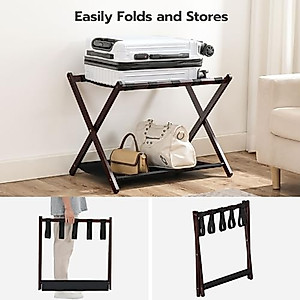 HOOBRO Luggage Rack, Folding Bamboo Suitcase Stand with Storage Shelf and Nylon Straps, 26.8" L x 17.7" W x 20" H, for Guest Room, Hotel, Bedroom, Holds up to 110 lb, Brown and Black BR07XL01