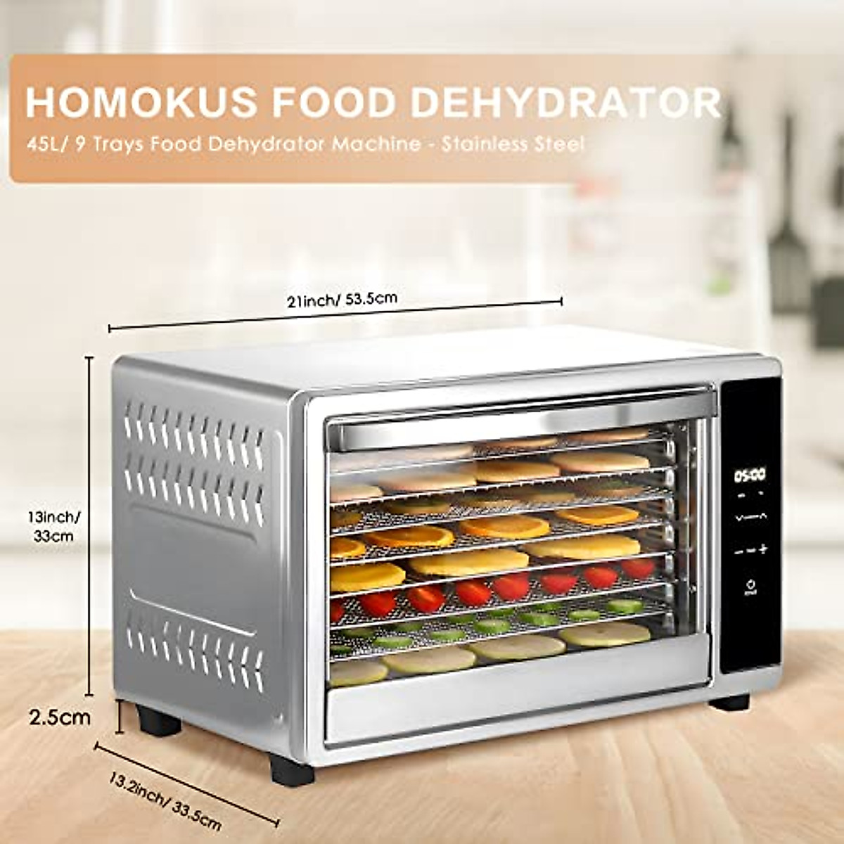 HOMOKUS Food Dehydrator 9 Stainless Steel Trays, Large Food Dehydrator Machine Usable Area up to 13.4ft², 650W Digital Touch Control Food Dryer Dehydrator with 24hrs Timer & up to 176℉ Temperature, Fruit Dehydrators for Food and Jerky, Dog Treats, Meat, V