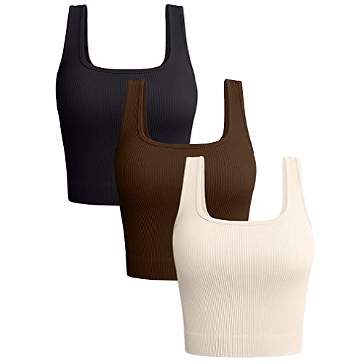 OQQ Women's 3 Piece Tank Shirt Ribbed Seamless Workout Exercise Yoga Crop, Black Coffee Beige, Large