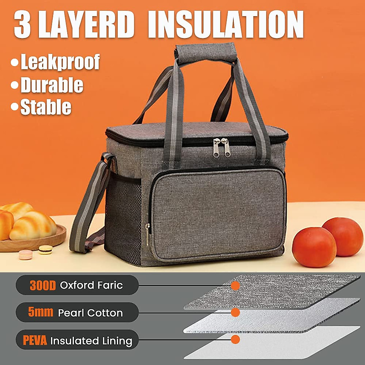 Large Lunch Bag for Women/Men,24-Can (15L) Insulated Lunch Box for Office Work Picnic Beach,Reusable Leak Proof Cooler Cooling Lunch Tote Bag with Adjustable Shoulder Strap (Grey)