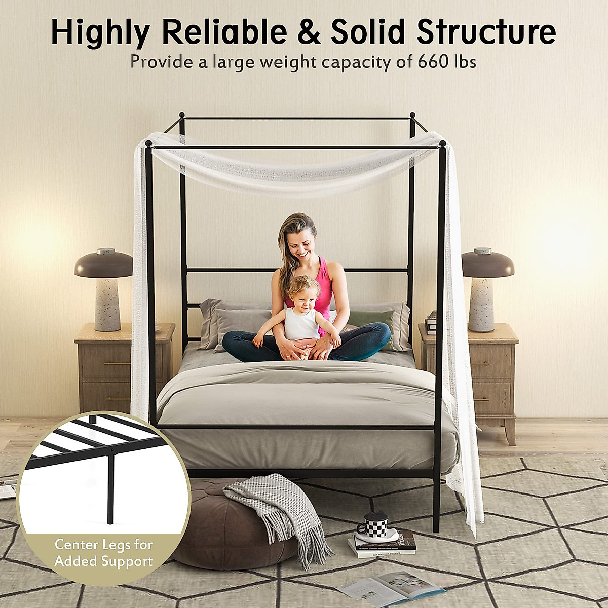 GOFLAME Full Size Metal Canopy Platform Bed Frame, Modern Canopy Bed with 4 Posters, Underbed Storage, Mattress Foundation with Steel Slat Support and Headboard, Easy Assembly, No Box Spring Needed