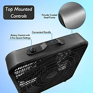 Comfort Zone Box Fan with Carry Handle, 20 inch, 3 Speed Full-Force Air Circulation with Air Conditioner, Floor Fan, Bedroom Fan, Airflow 15.03 ft/sec, Ideal for Home, Bedroom & Office, CZ200ABK