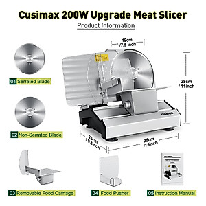 Meat Slicer,CUSIMAX Electric Deli Meat Cheese Food Slicer with Removable Food Carriage,2 Removable 7.5''Stainless Steel Blades,1-20mm Adjustable Thickness Meat Slicer for Home,Cut Meat,Cheese,Bread
